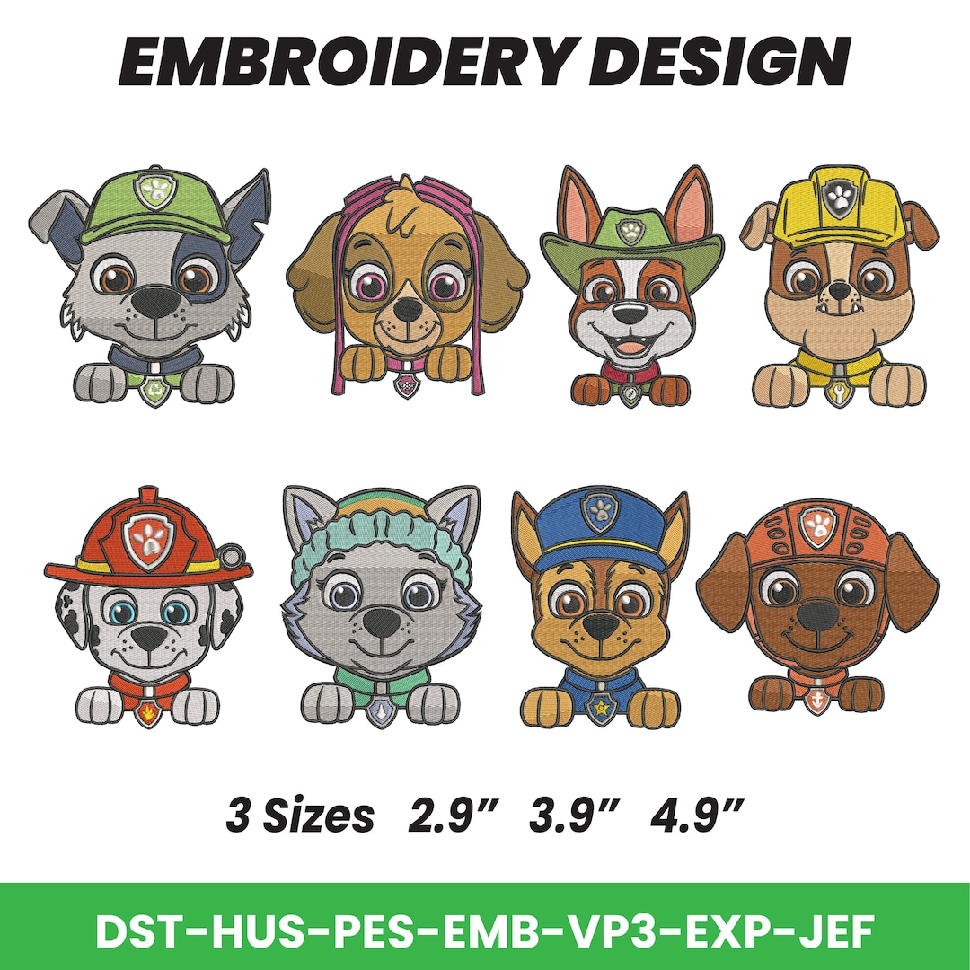 Dog Paw Cartoon Faces Embroidery Design, Dogs Bundle Embroidery Pattern ...