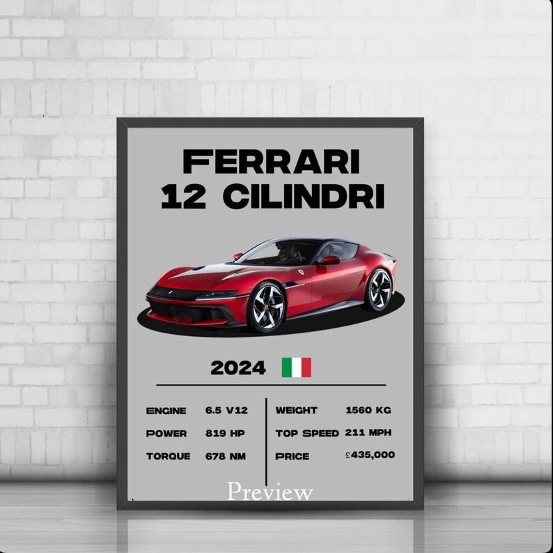Ferrari 12 Cilindri Poster Print, Boys/mens Room Decor, Home, Office ...