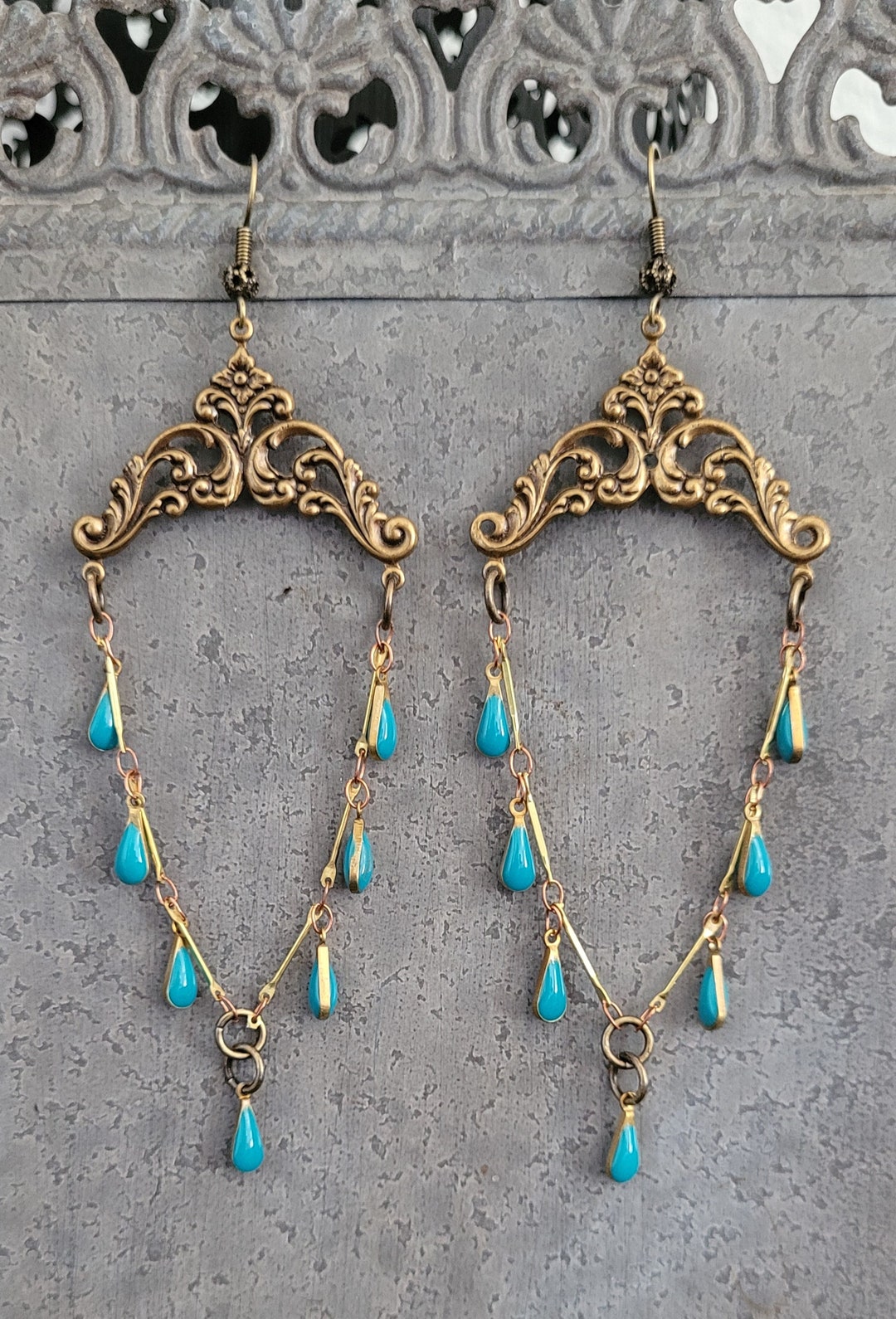 Turquoise and Antique Gold Chandelier Earrings Filigree Romantic ...