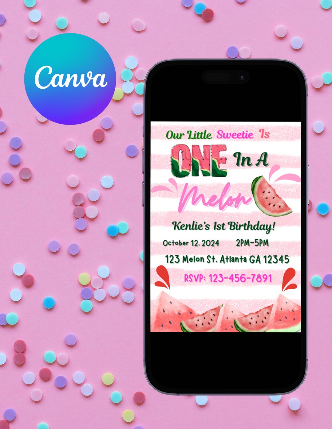 Digital One in A Melon Canva Template Party Invitation, Watermelon ...