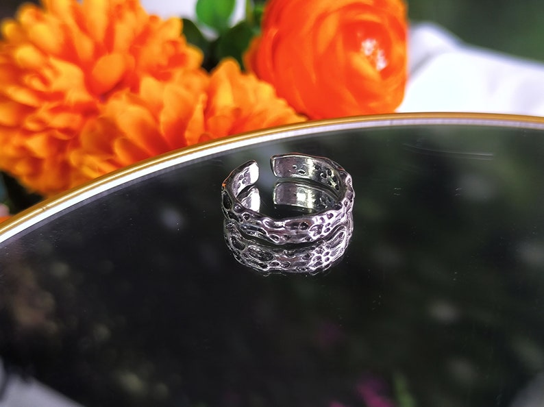 Meteorite Crater Silver Y2K Ring, Y2K Gothic Ring, Chunky Silver Ring ...