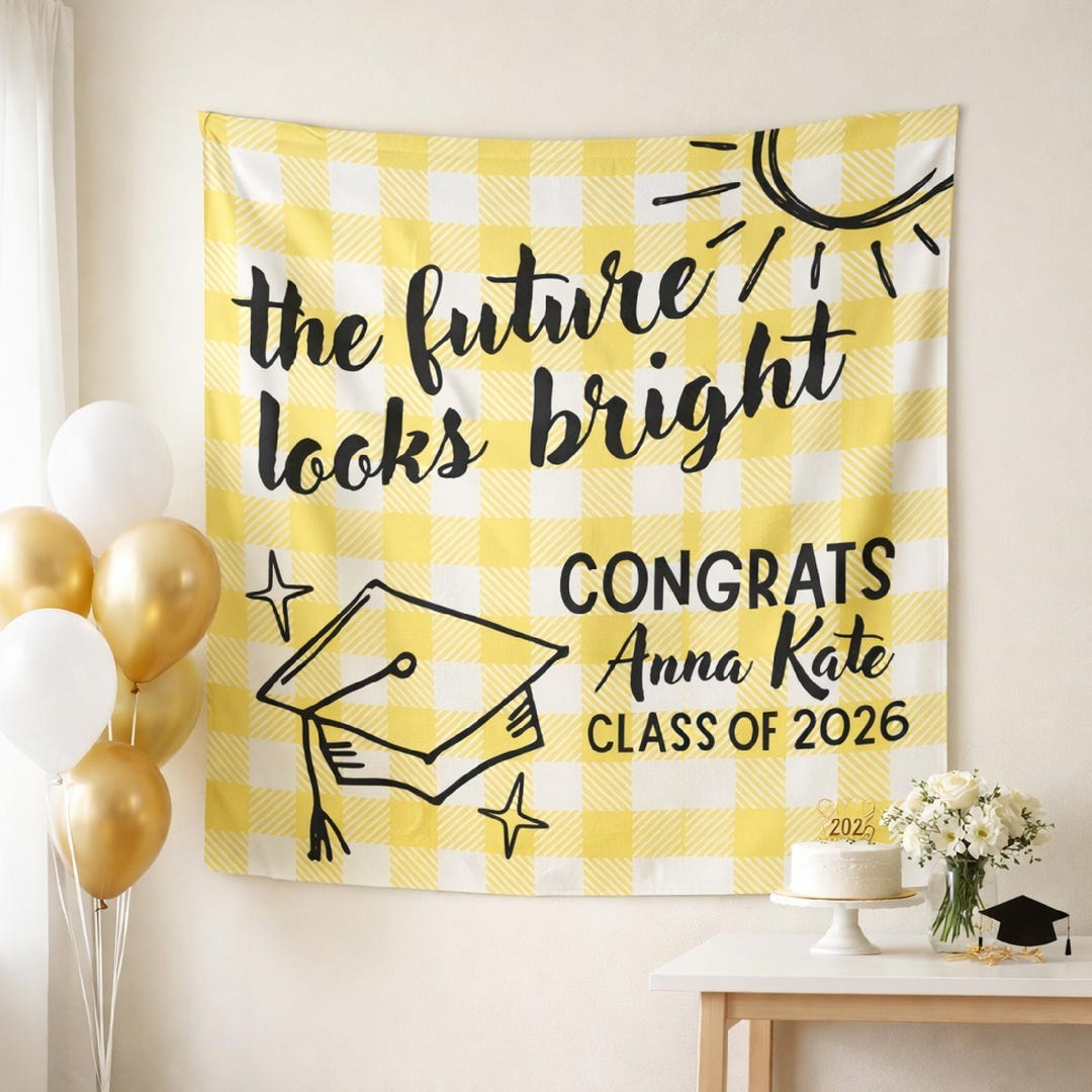 Future Looks Bright Graduation Backdrop Personalized, Gold Striped Grad ...