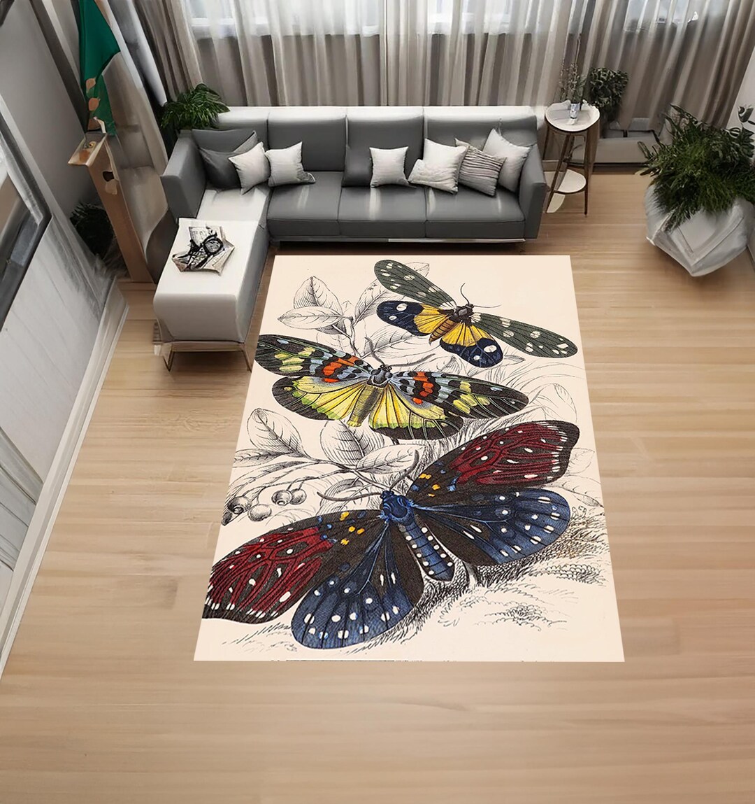 Butterflies Rug, Colorful Butterflies, Beige, Living Room, Custom Rug ...