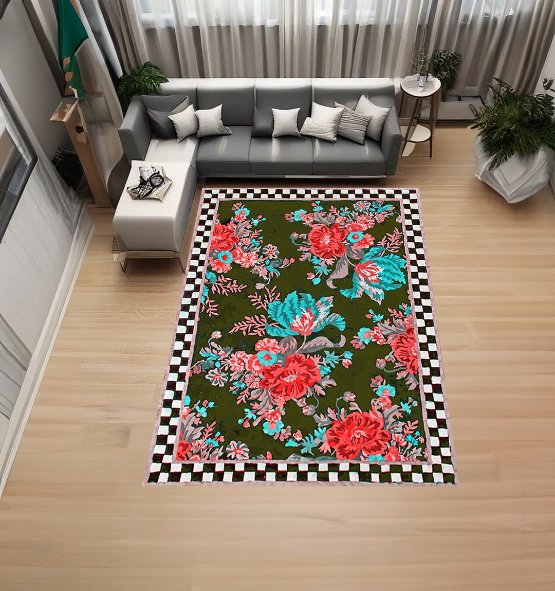 Roses Rug, Flower Rug, Checkered Frame, Big Roses, Abstract Rug, Custom ...