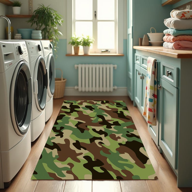 Laundry Room Rug, for Farmhouse, Green, Camouflage, Runner, Laundry ...