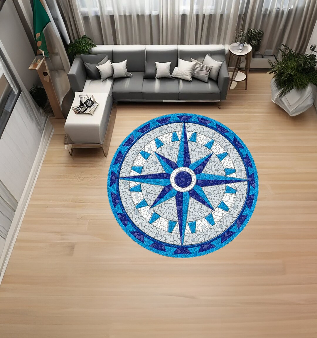 Round Rug, Compass Rug, Stone, Mosaic, North-south, West-east,sea Blue ...