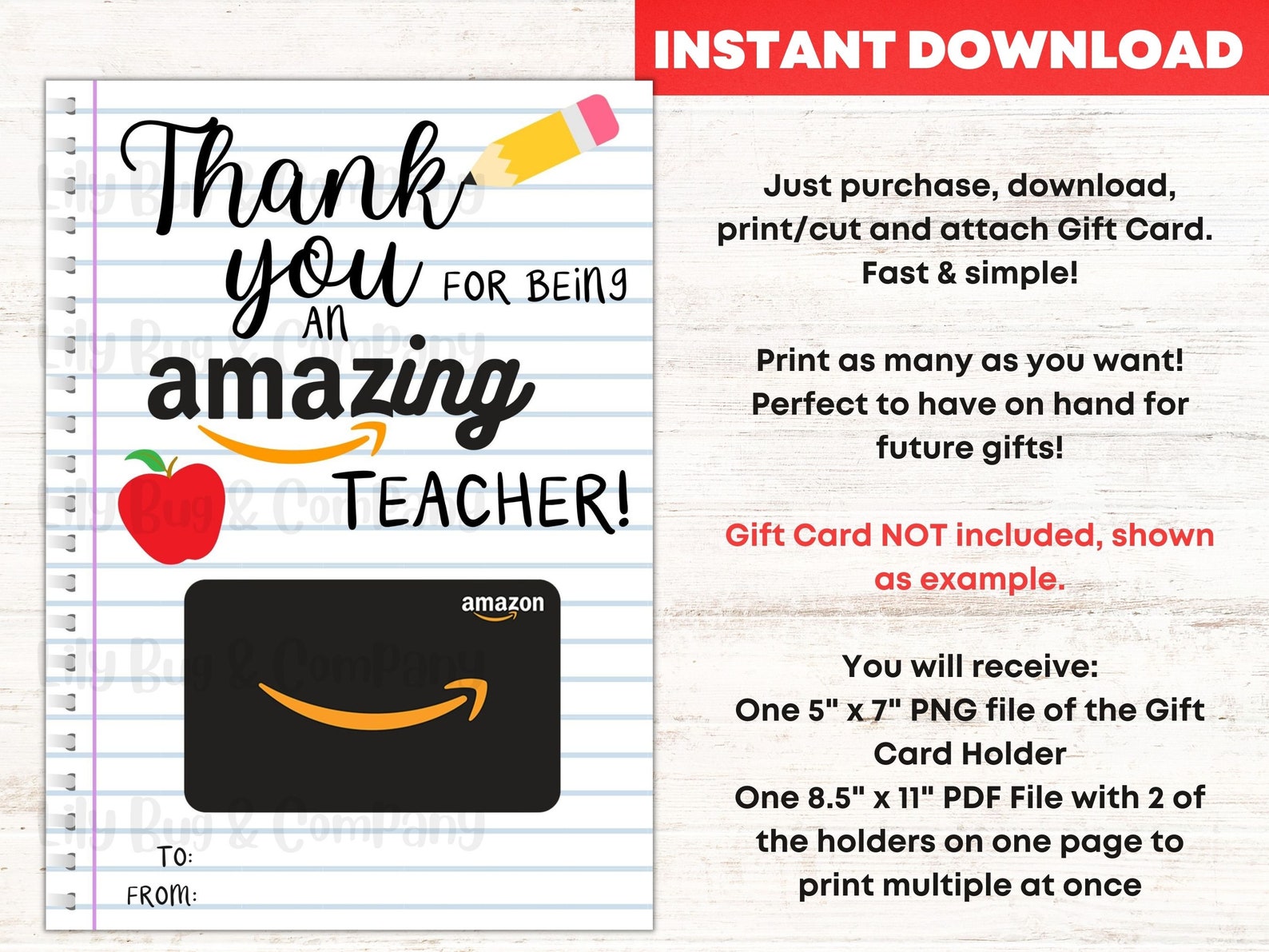 Teacher Appreciation Printable Gift Card Holder Amazon Gift - Etsy