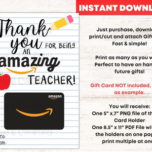 Teacher Appreciation Printable Gift Card Holder, Amazon Gift Card ...