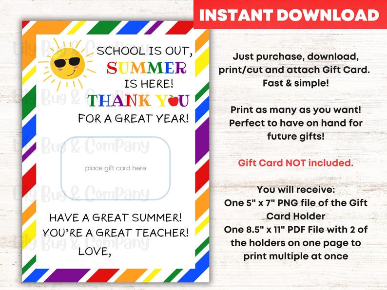 End of Year Teacher Printable Gift Card Holder Teacher Gift Just for ...