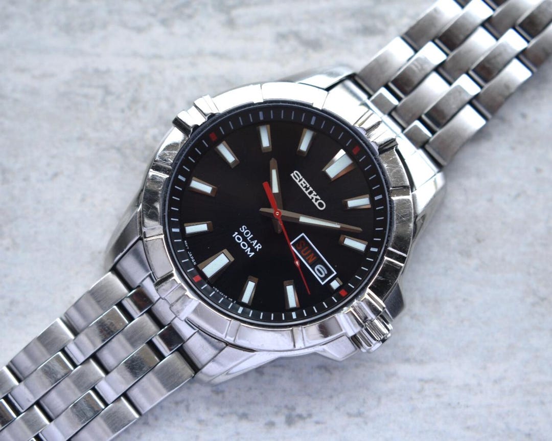 Seiko Solar Quartz 100M Black Dial Steel Men's Bracelet Watch Day Date ...