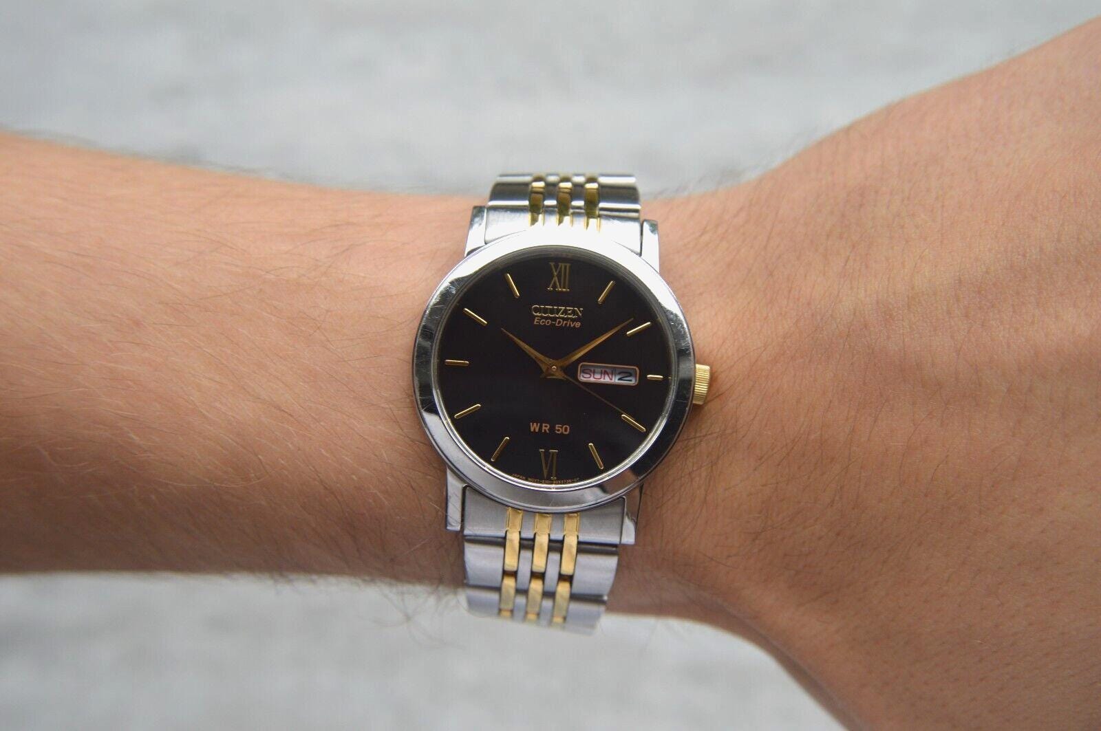 Citizen Eco Drive Two Tone Men's Solar Quartz Bracelet Watch Black Dial ...