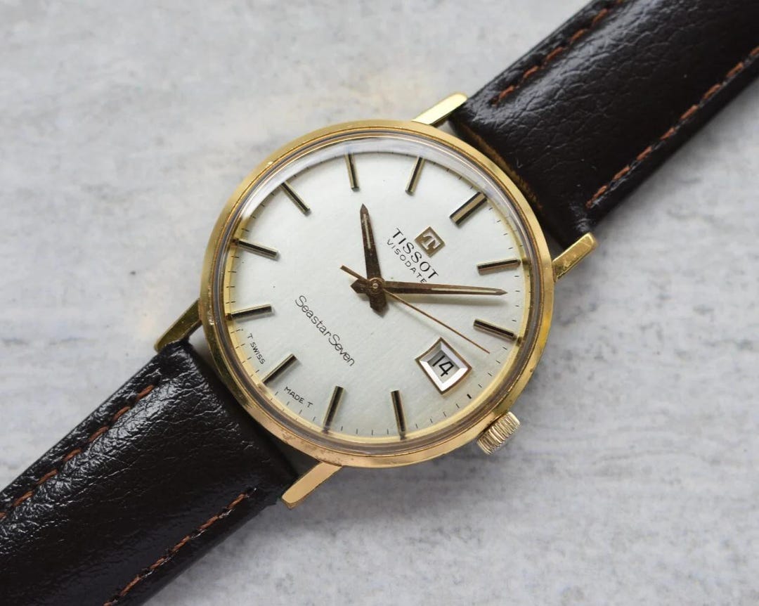 1968 Vintage Tissot Visodate Seastar Seven Automatic Rare Gold Leather ...