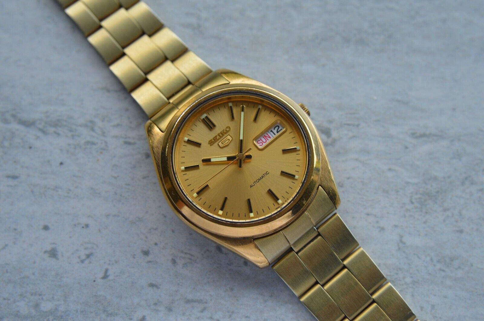 Seiko 5 Automatic Gold Men's Automatic Bracelet Watch Sunburst Dial Day ...