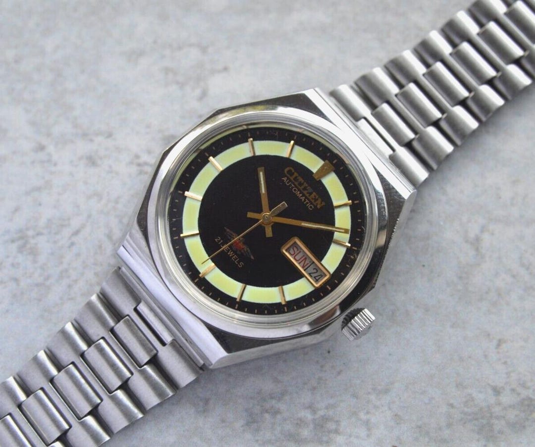 Vintage Men's Citizen Eagle 7 Rare Dial Black Automatic Watch Display ...