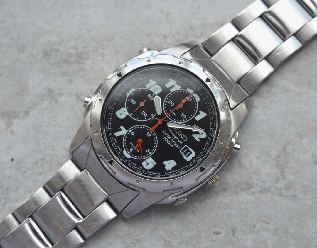 Seiko 100m Chronograph Black Dial Men's Quartz Bracelet Watch - Etsy