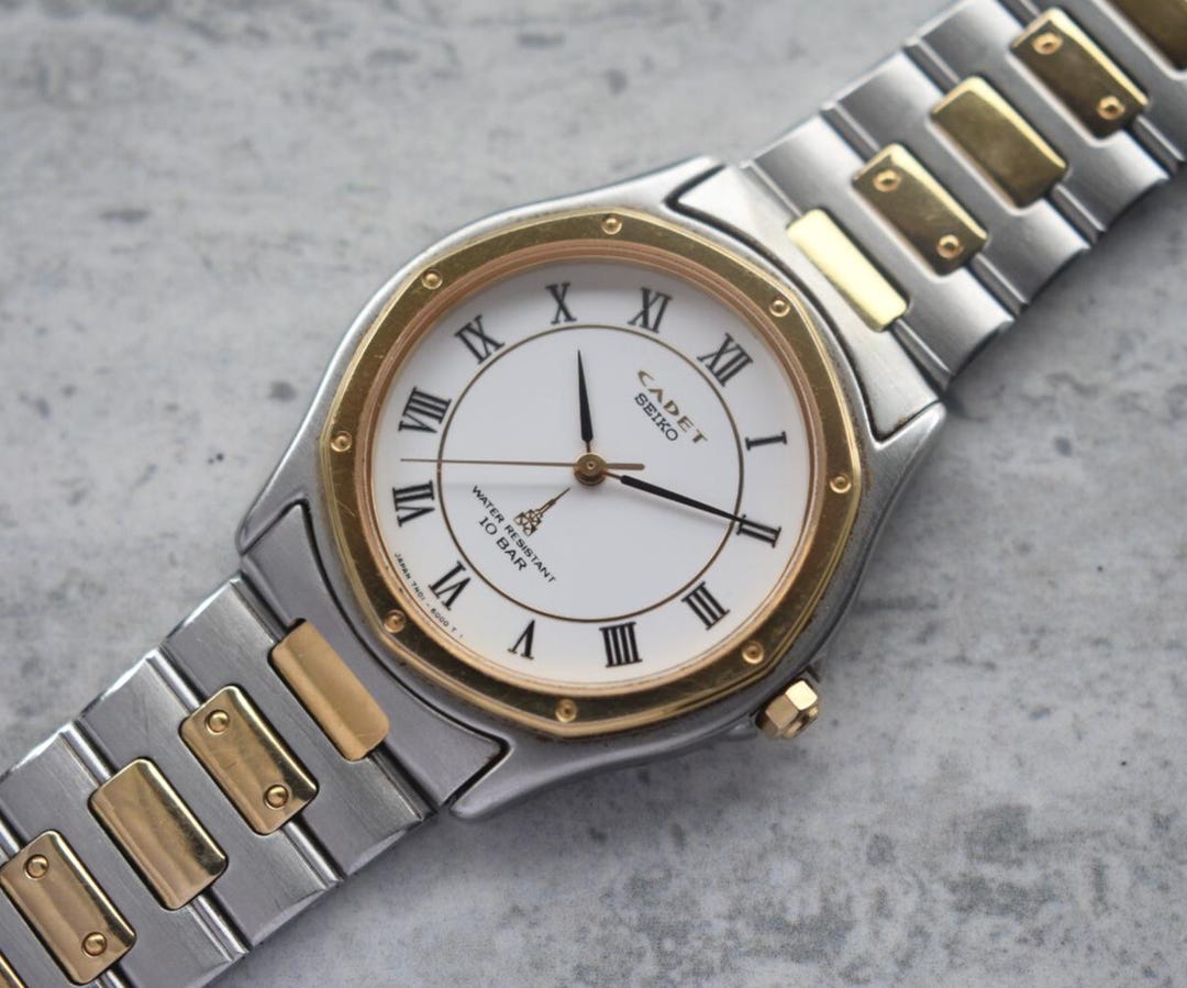 2000 Seiko Cadet Two Tone Bracelet Men's Rare White Dial Quartz Watch ...