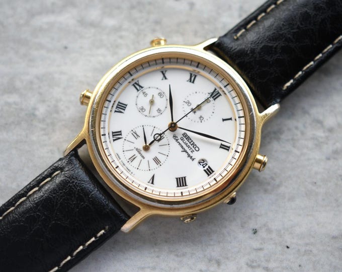 1990 Seiko Chronograph Mens Watch Gold Alarm White Dial Date Leather - Etsy