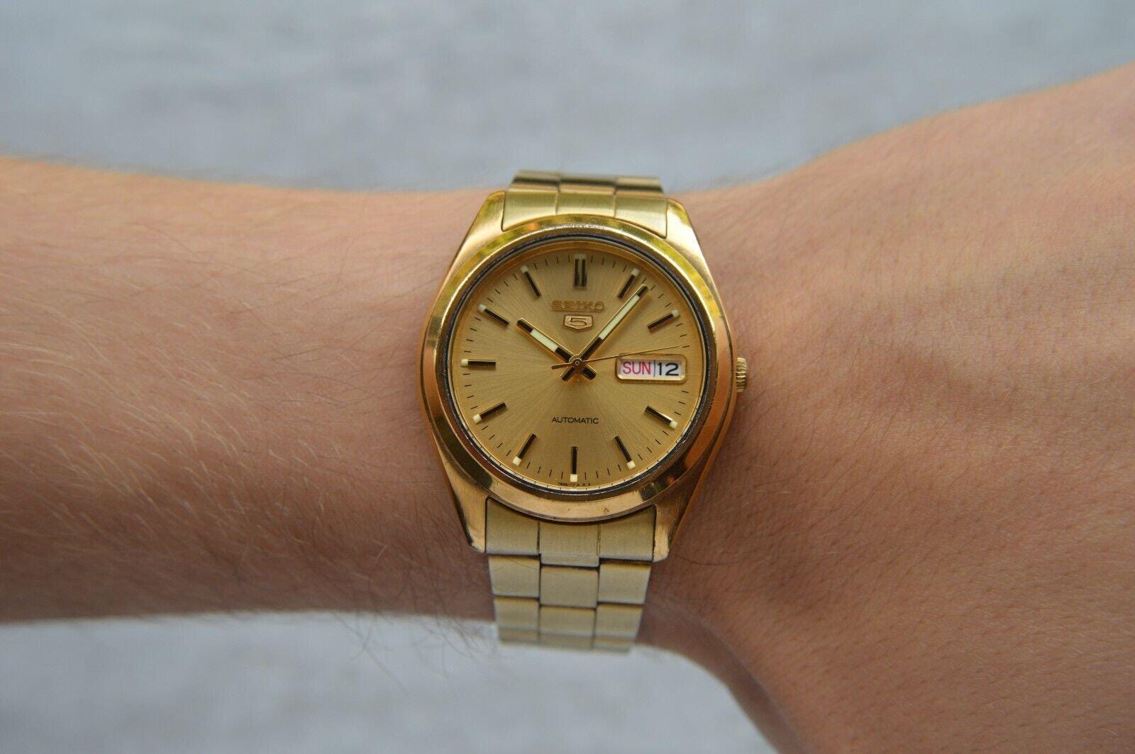 Seiko 5 Automatic Gold Men's Automatic Bracelet Watch Sunburst Dial Day ...