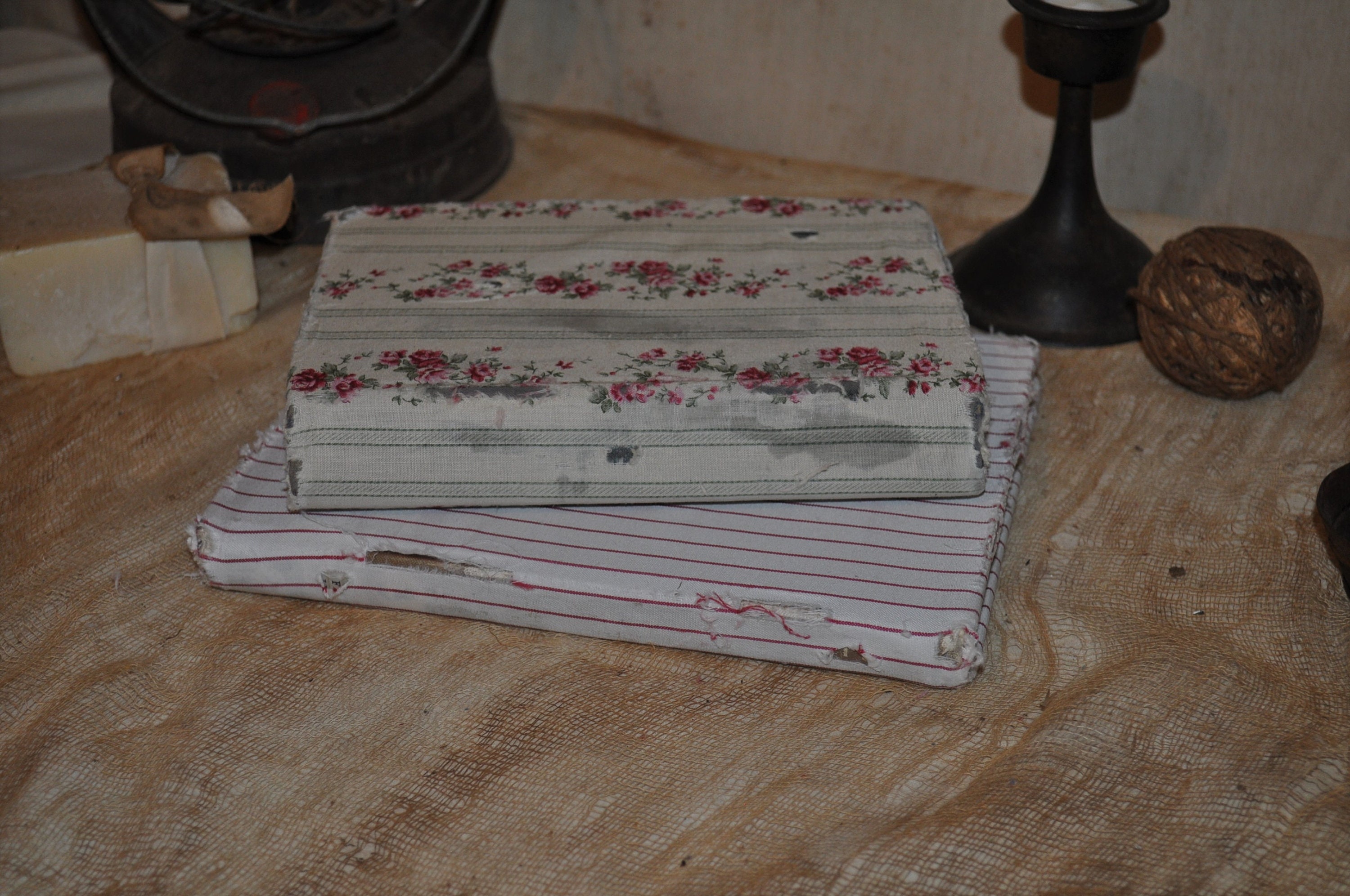 2 Primitive / Victorin / Colonial Time Worn 19c Fabric Covered Books ...
