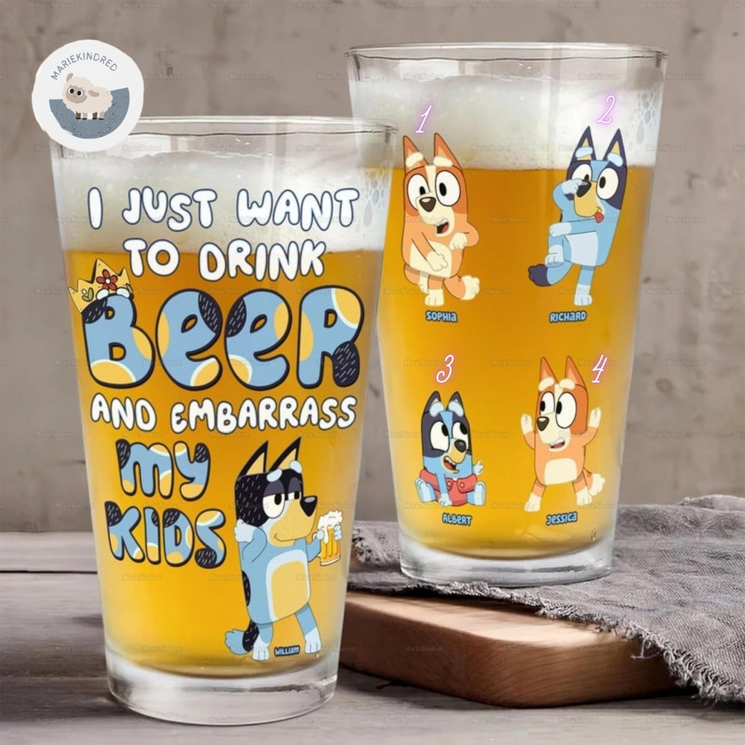 Personalized Bluey Beer Glass, Bluey Family Beer Glass, Bluey Dad Beer ...