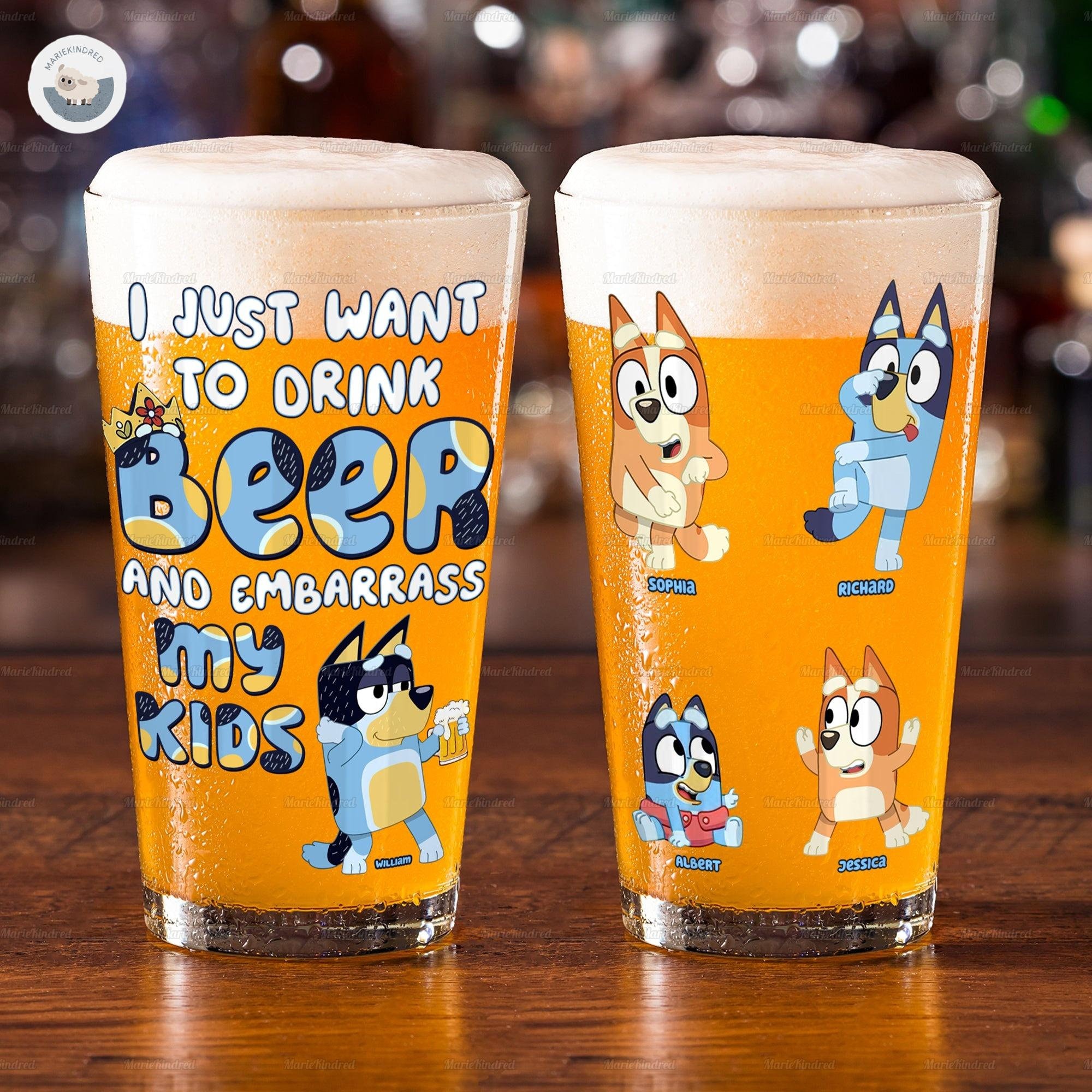 Personalized Bluey Beer Glass, Bluey Family Beer Glass, Bluey Dad Beer ...