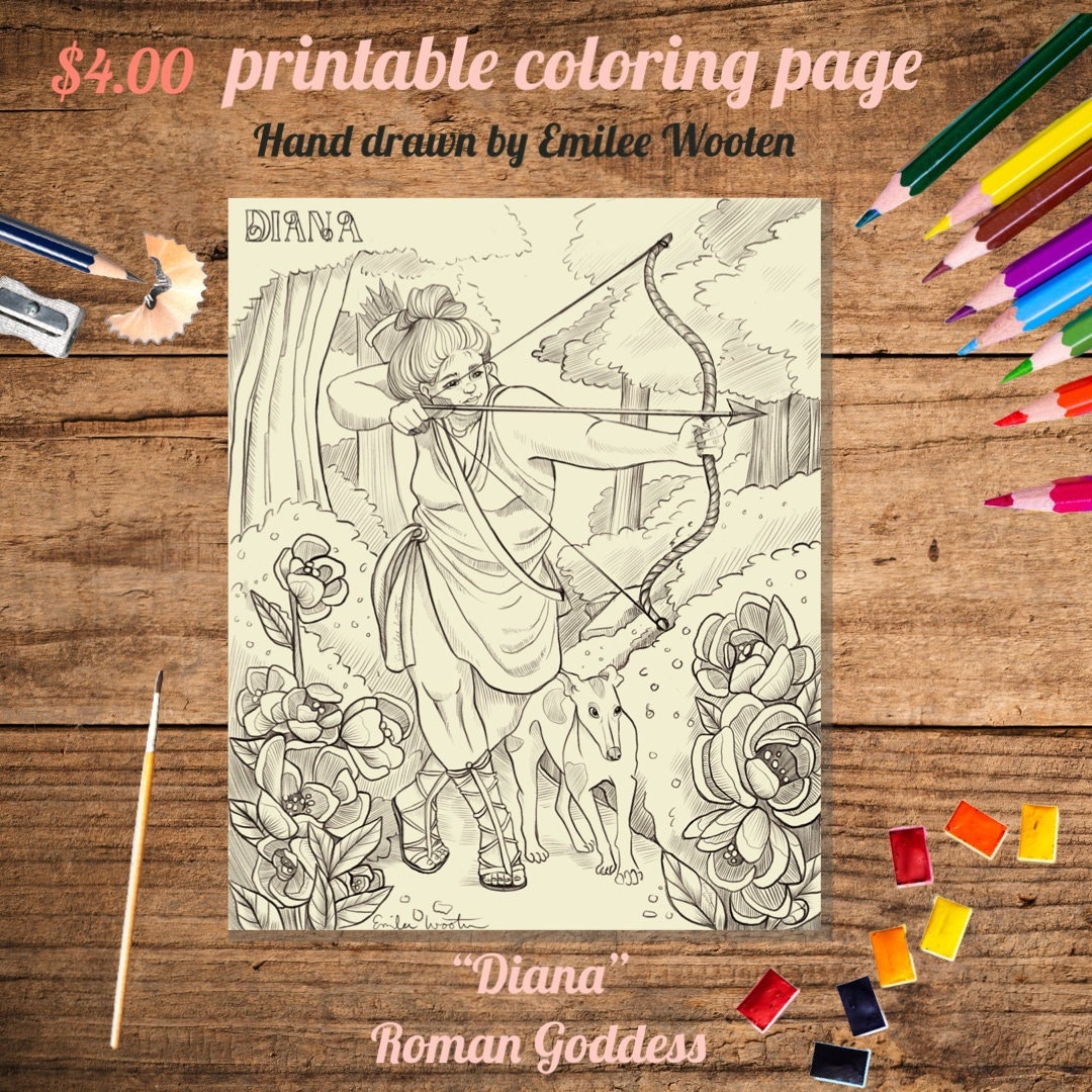 Printable Coloring Page, "diana" Goddess of the Hunt - Etsy