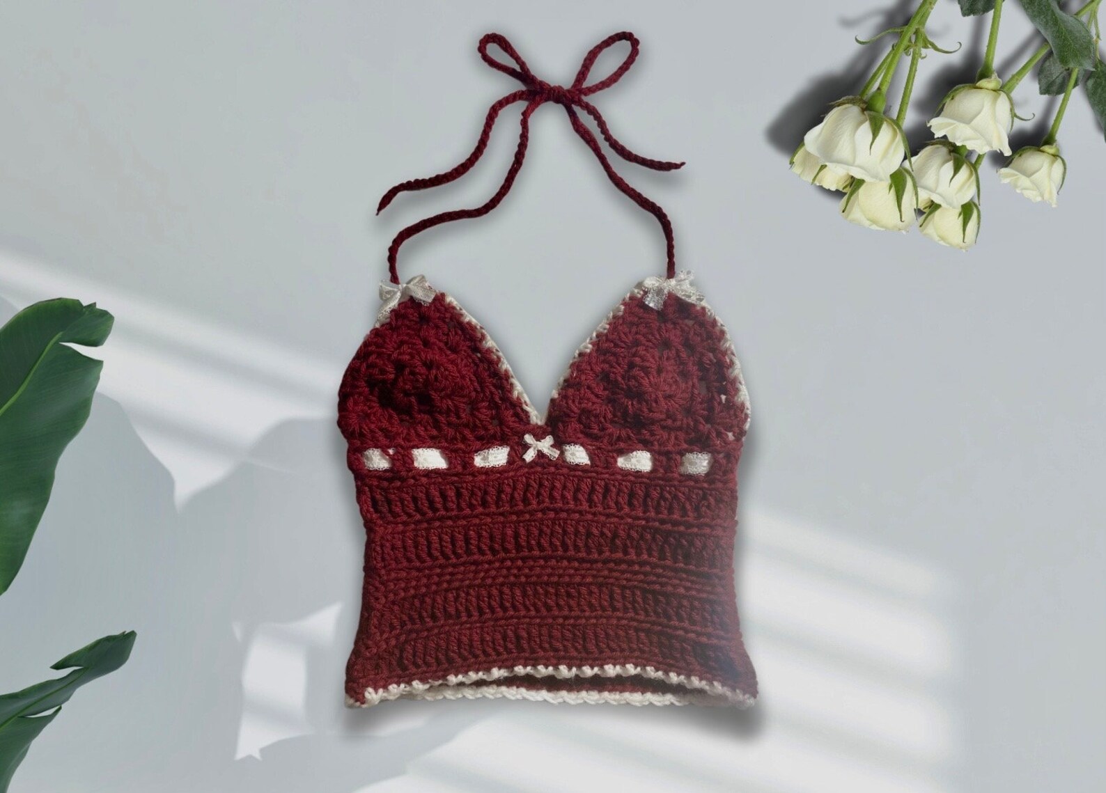 Romantic Cami Crochet Topred Crochet Top With White Lace Ribbon and Bow ...