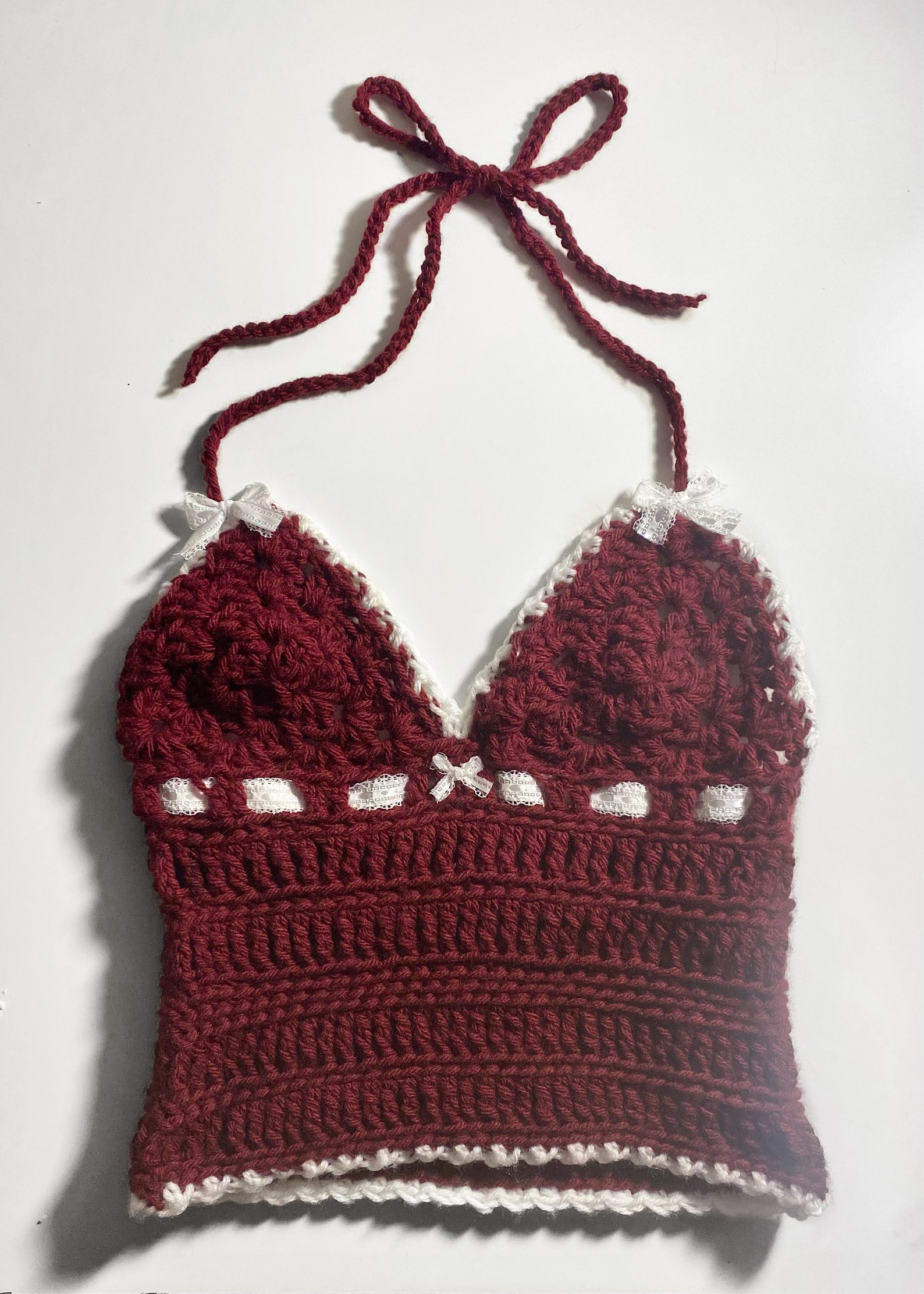 Romantic Cami Crochet Topred Crochet Top With White Lace Ribbon and Bow ...