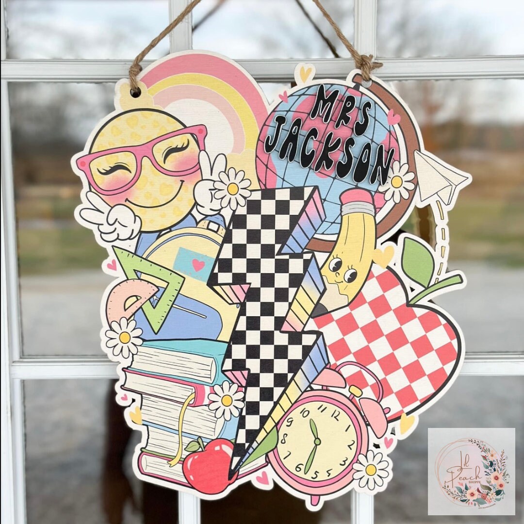 Printed Retro Teacher Sign, Teacher Decor, Teacher Door Hanger ...