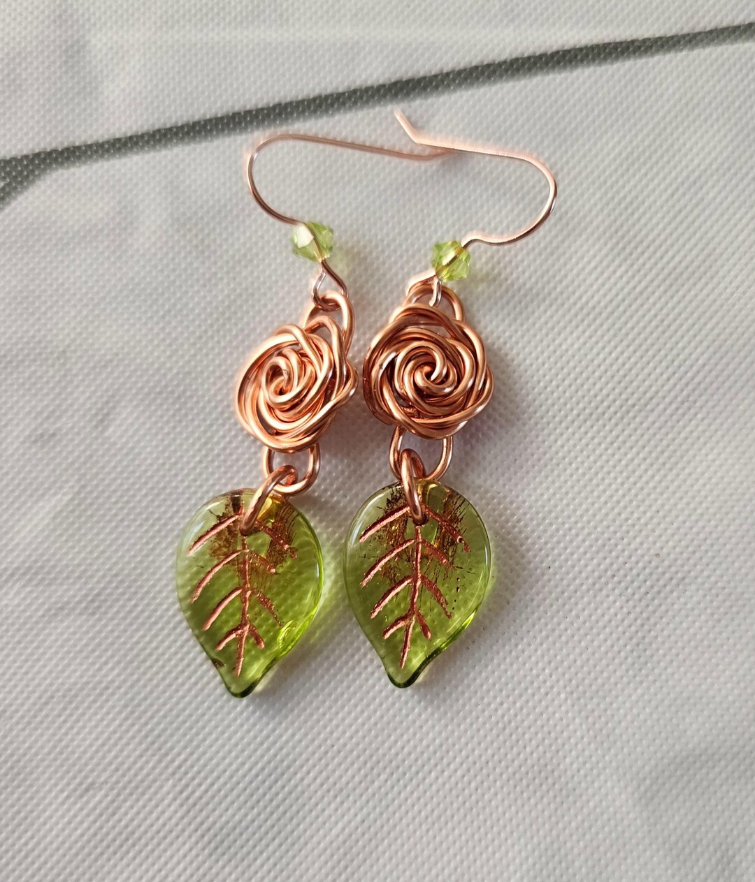 Handcrafted Floral Copper Wire Rose Green Apple Leaf Dangle Earrings - Etsy