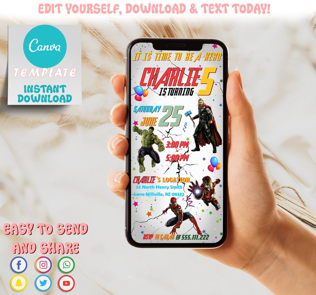 Editable Avengers Mobile Birthday Invitation | Superheroes Birthday ...