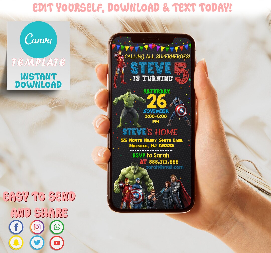 Editable Avengers Mobile Birthday Invitation | Superheroes Birthday ...