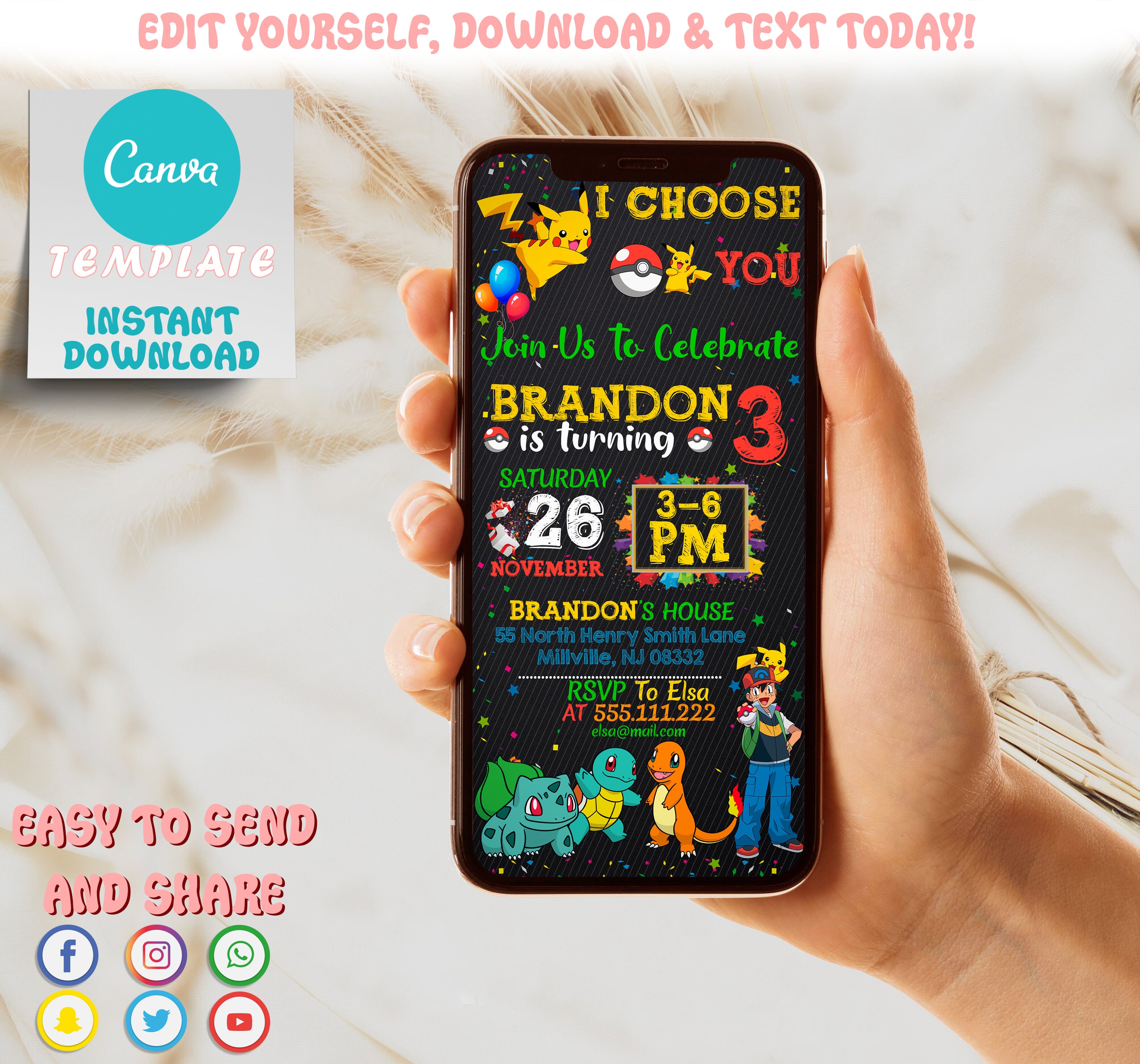 Editable Pokemone Mobile Birthday Invitation Digital | Pokemon Evite ...