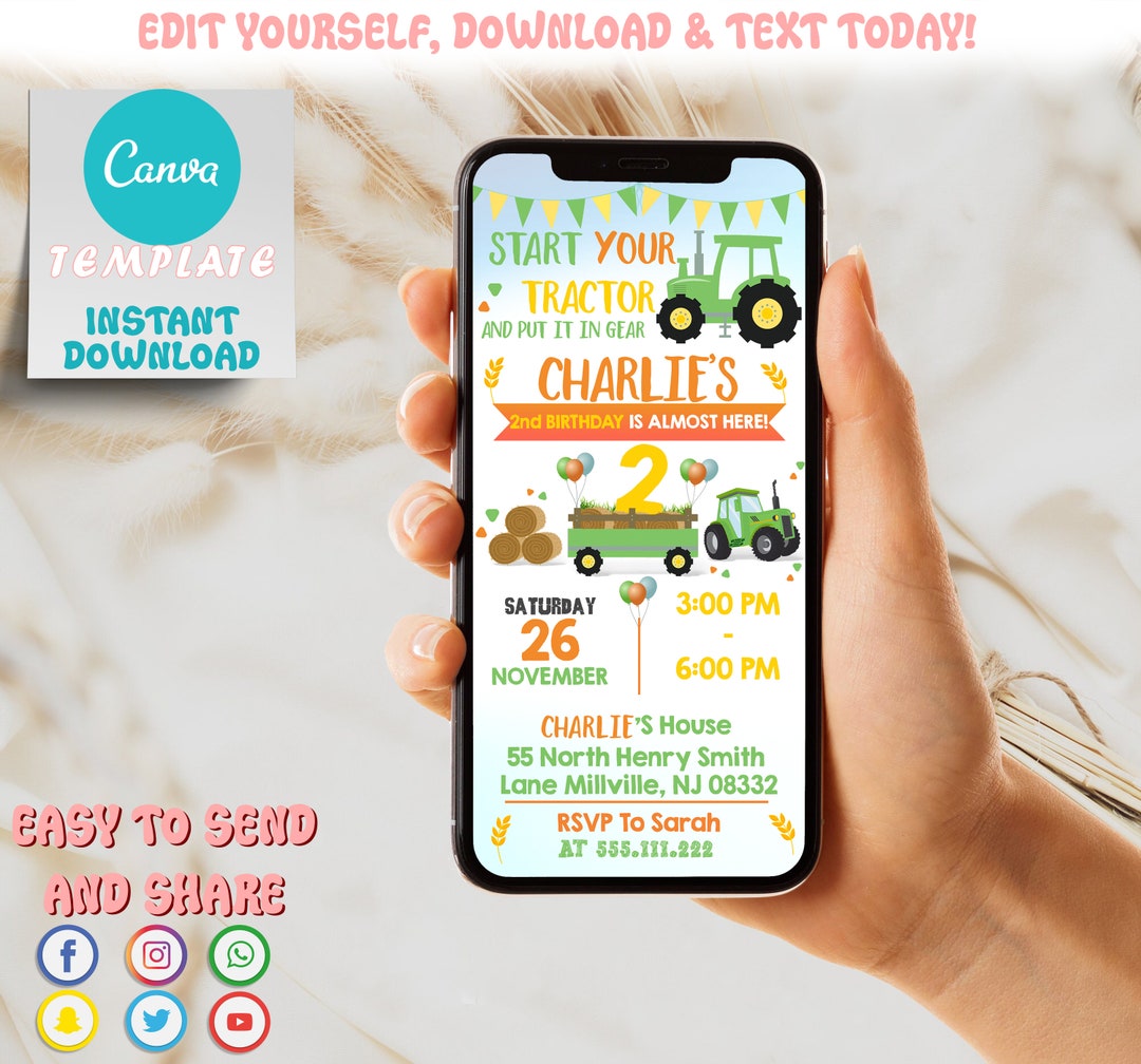 Editable Tractor Mobile Invitation | Tractor Birthday Evite | Printable ...