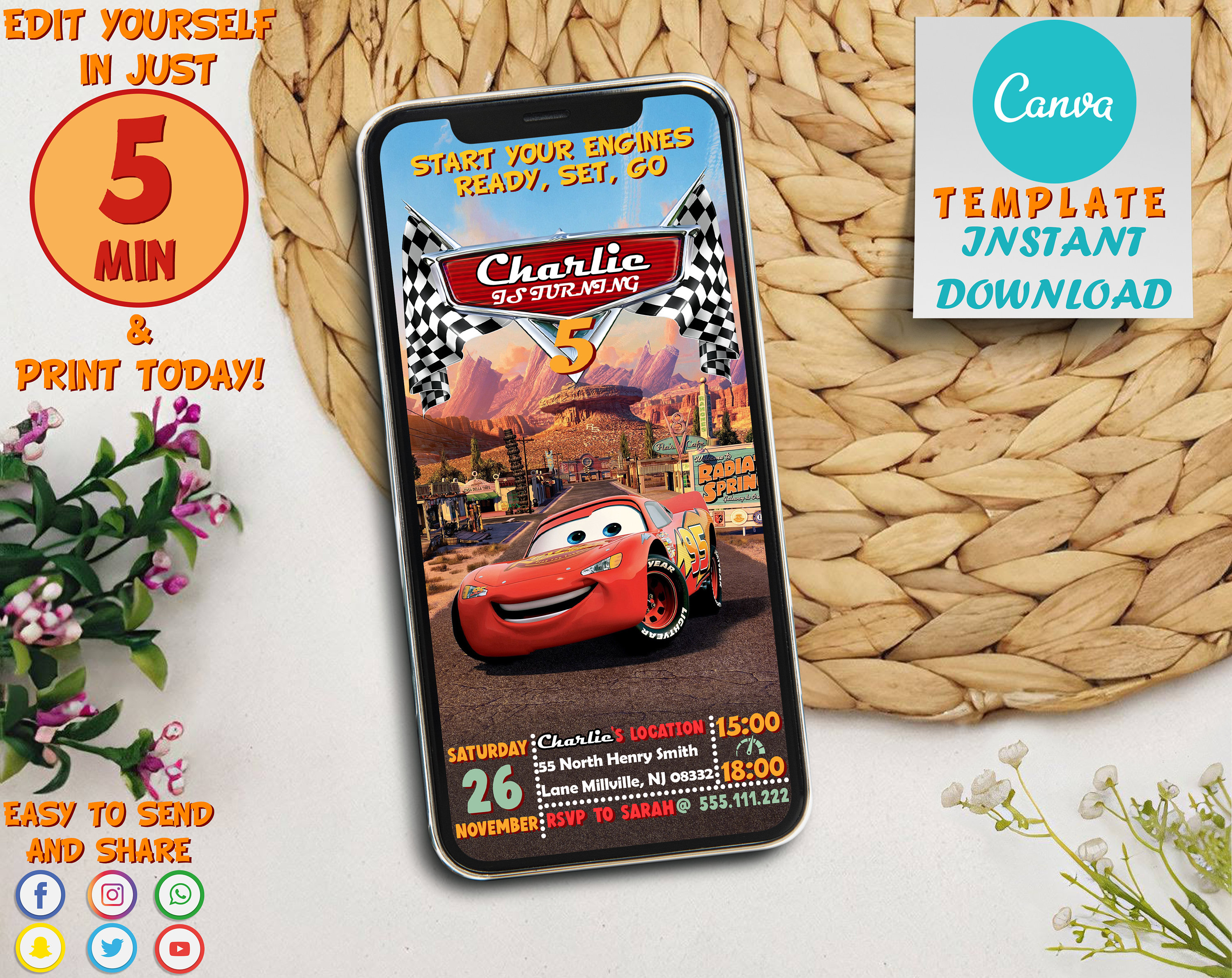 Cars Birthday Invitation Kids Birthday Mobile Invite Lightning Mcqueen ...