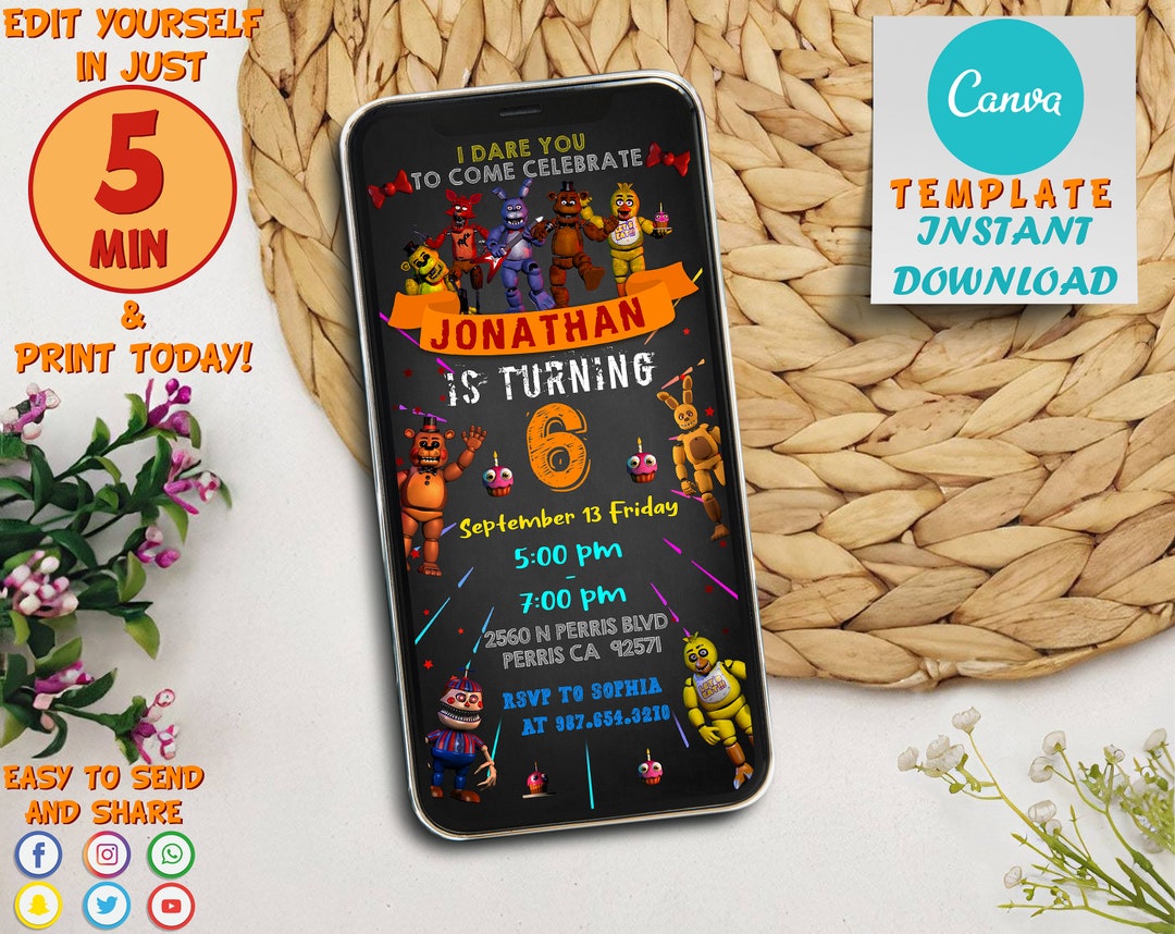 Editable Five Nights at Freddys Birthday Mobile Invitation | for Boy ...