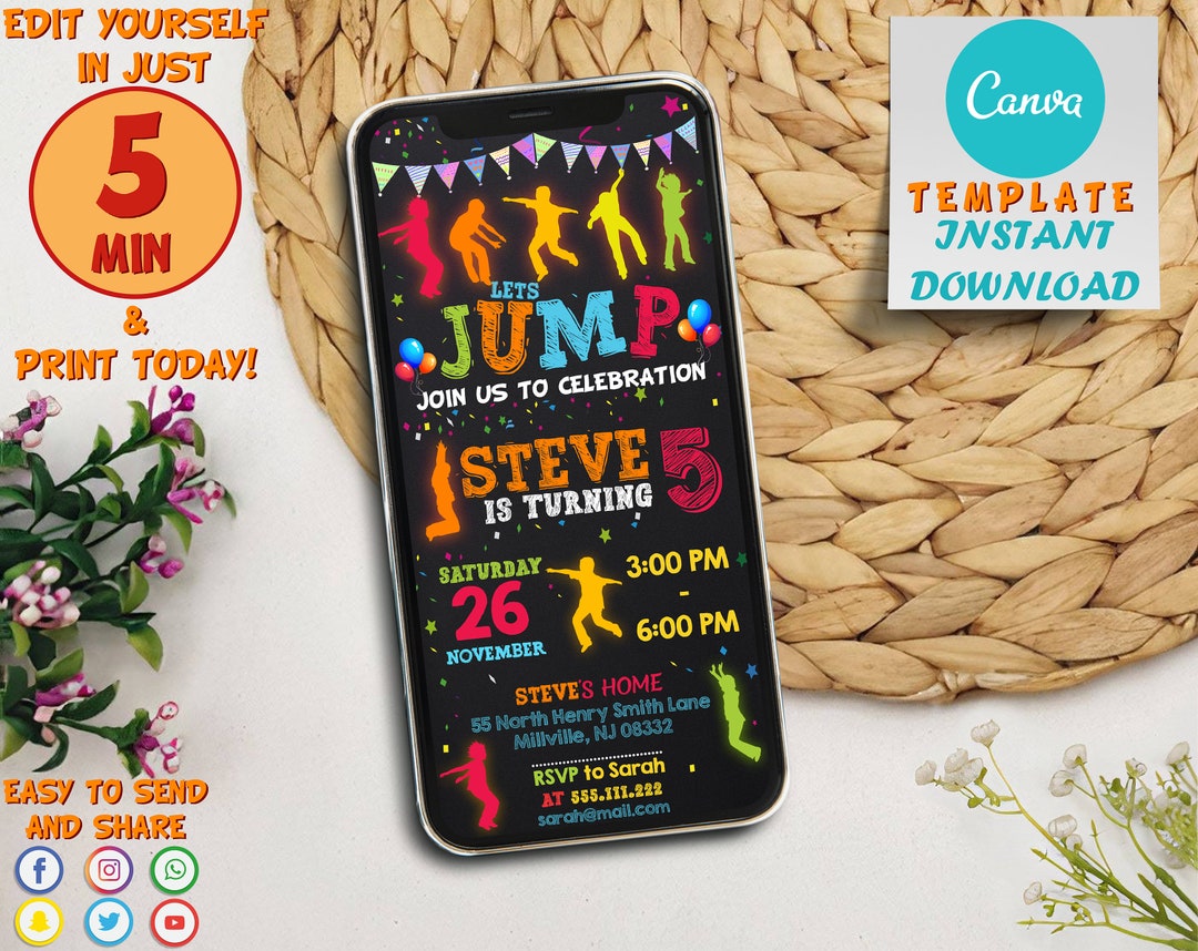Editable Jump Mobile Birthday Invitation, Trampoline Birthday ...