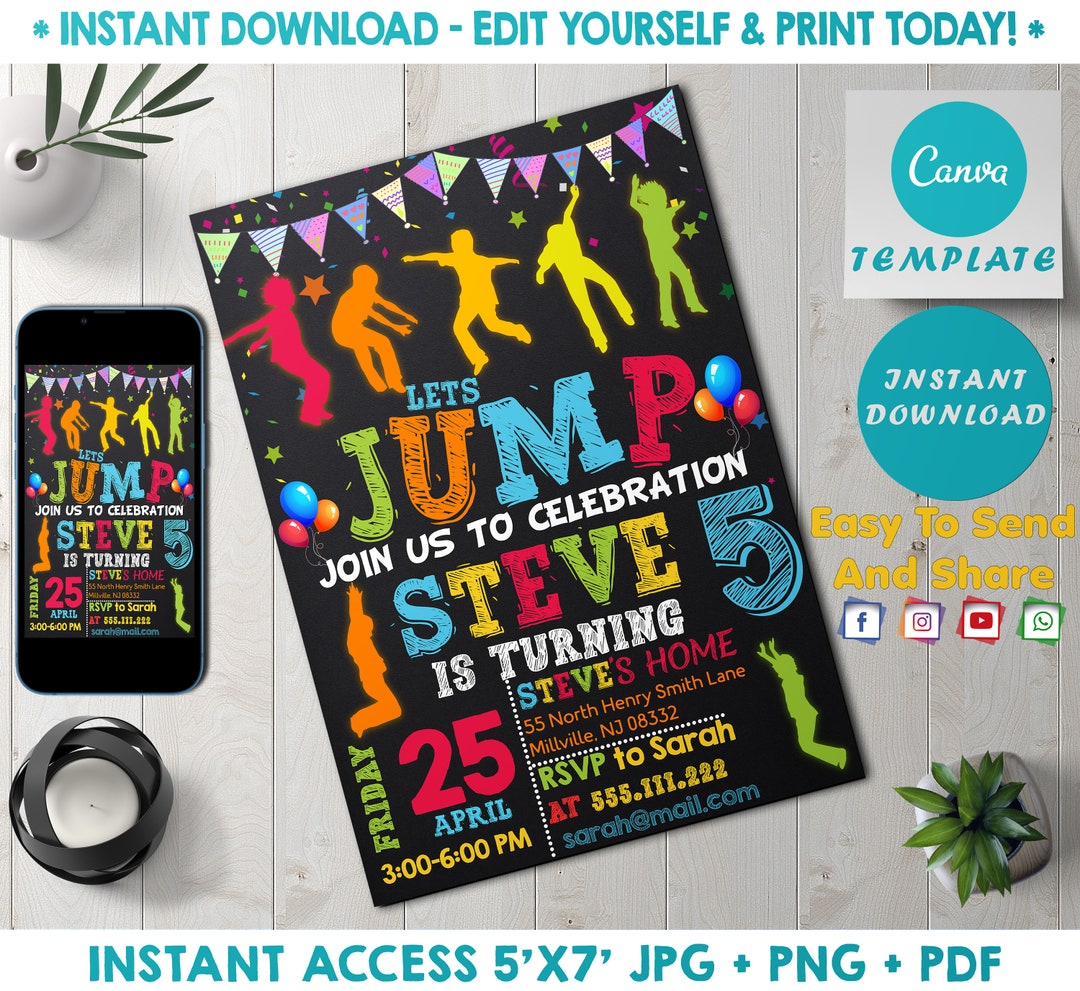 Jump Birthday Invitation | Trampoline Birthday Invitation | Bounce ...