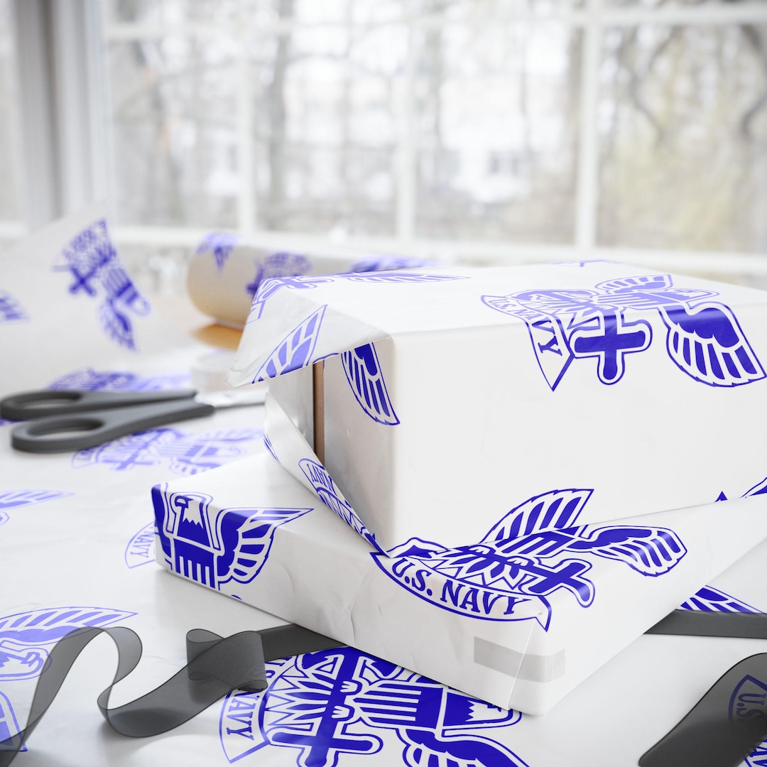 US Navy Eagle Emblem Gift Wrapping Paper | Blue White Patriotic Pattern ...