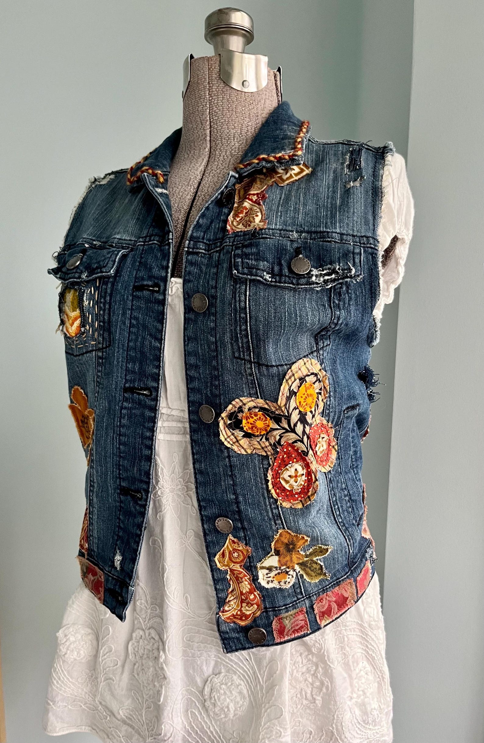 Denim Vest, Embellished Vest, Distressed, Applique, Upcycled Vest, Fall ...