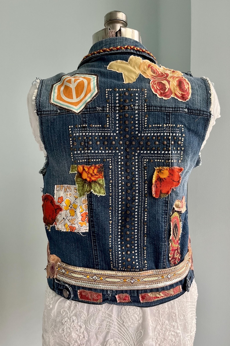 Denim Vest, Embellished Vest, Distressed, Applique, Upcycled Vest, Fall ...