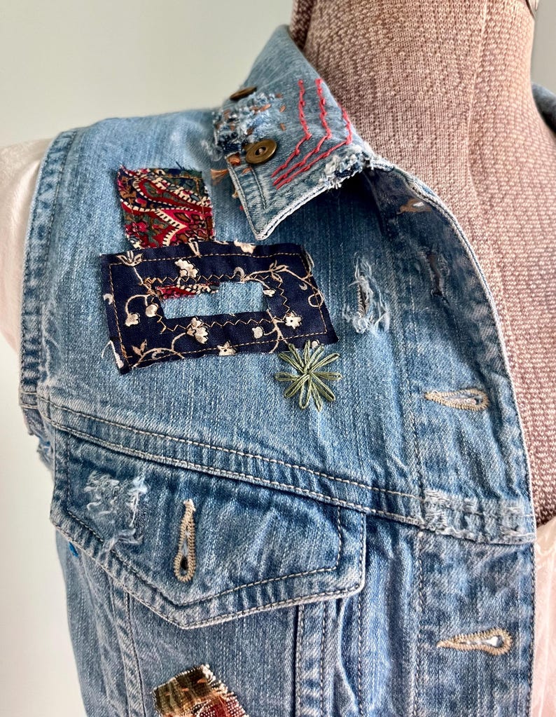 Denim Vest, Embellished Vest, Distressed, Applique, Upcycled Vest, Bird ...