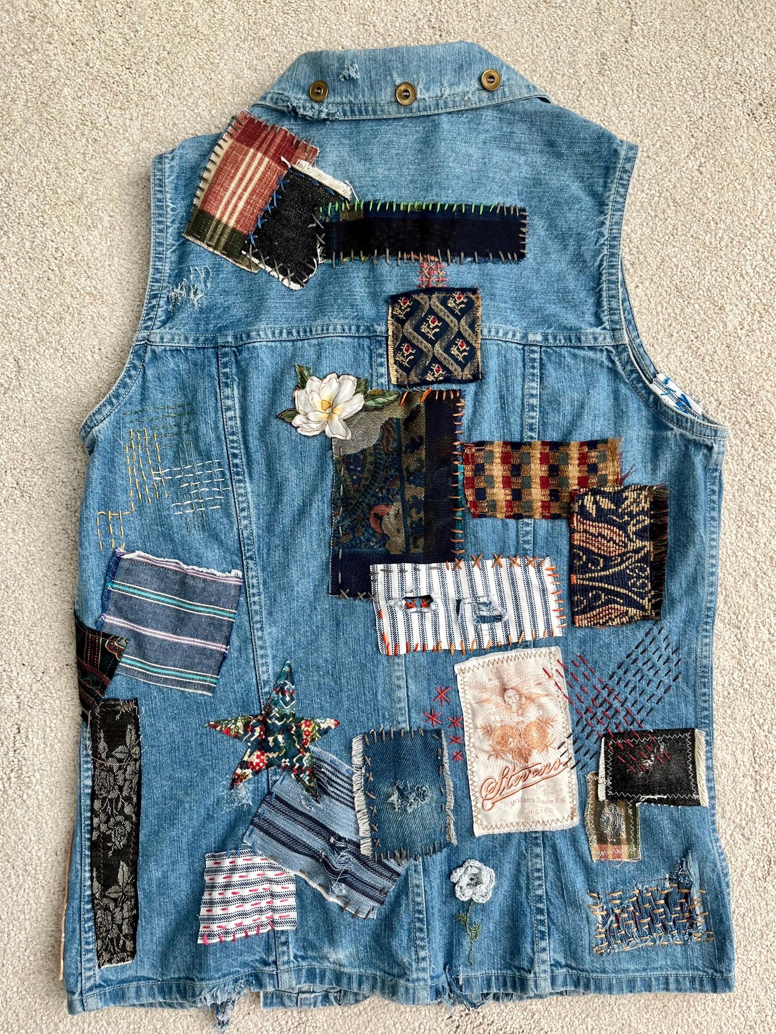 Denim Vest, Embellished Vest, Distressed, Applique, Upcycled Vest, Bird ...