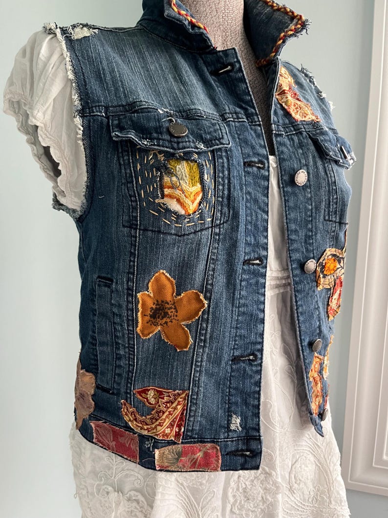 Denim Vest, Embellished Vest, Distressed, Applique, Upcycled Vest, Fall ...