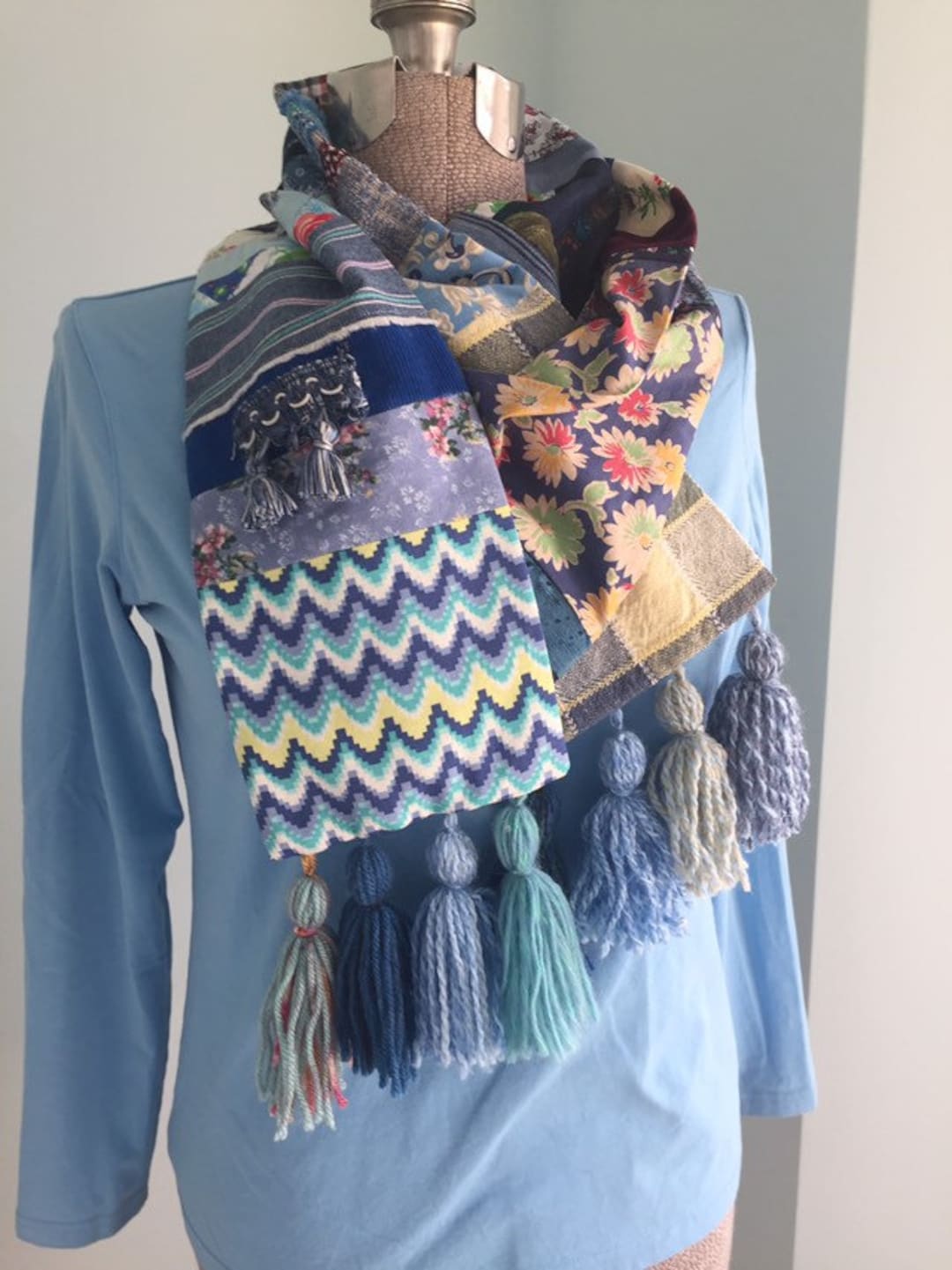 Patchwork Scarf, Upcycled Fabric Wrap, Handmade, Embellished Scarf ...