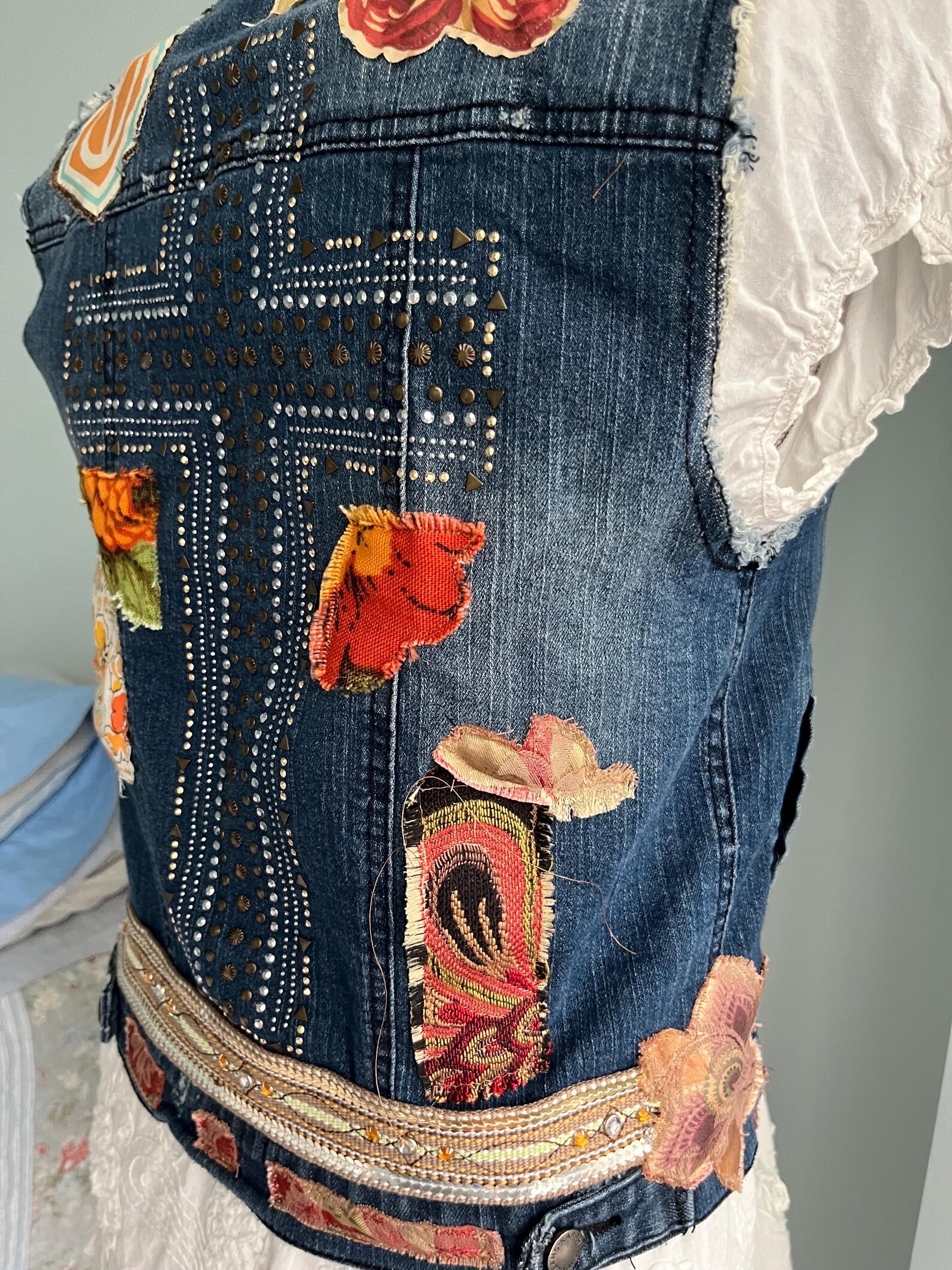 Denim Vest, Embellished Vest, Distressed, Applique, Upcycled Vest, Fall ...