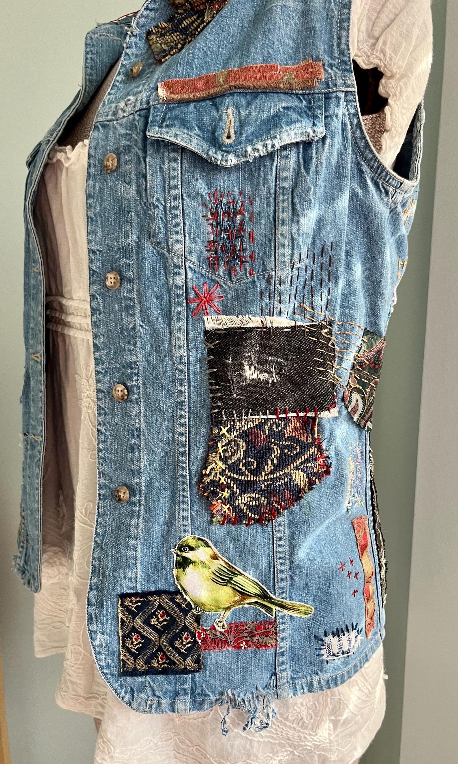 Denim Vest, Embellished Vest, Distressed, Applique, Upcycled Vest, Bird ...