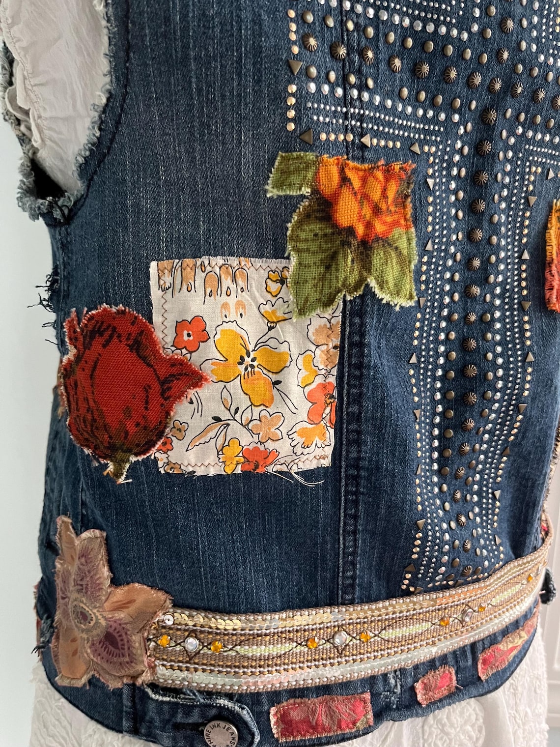 Denim Vest, Embellished Vest, Distressed, Applique, Upcycled Vest, Fall ...