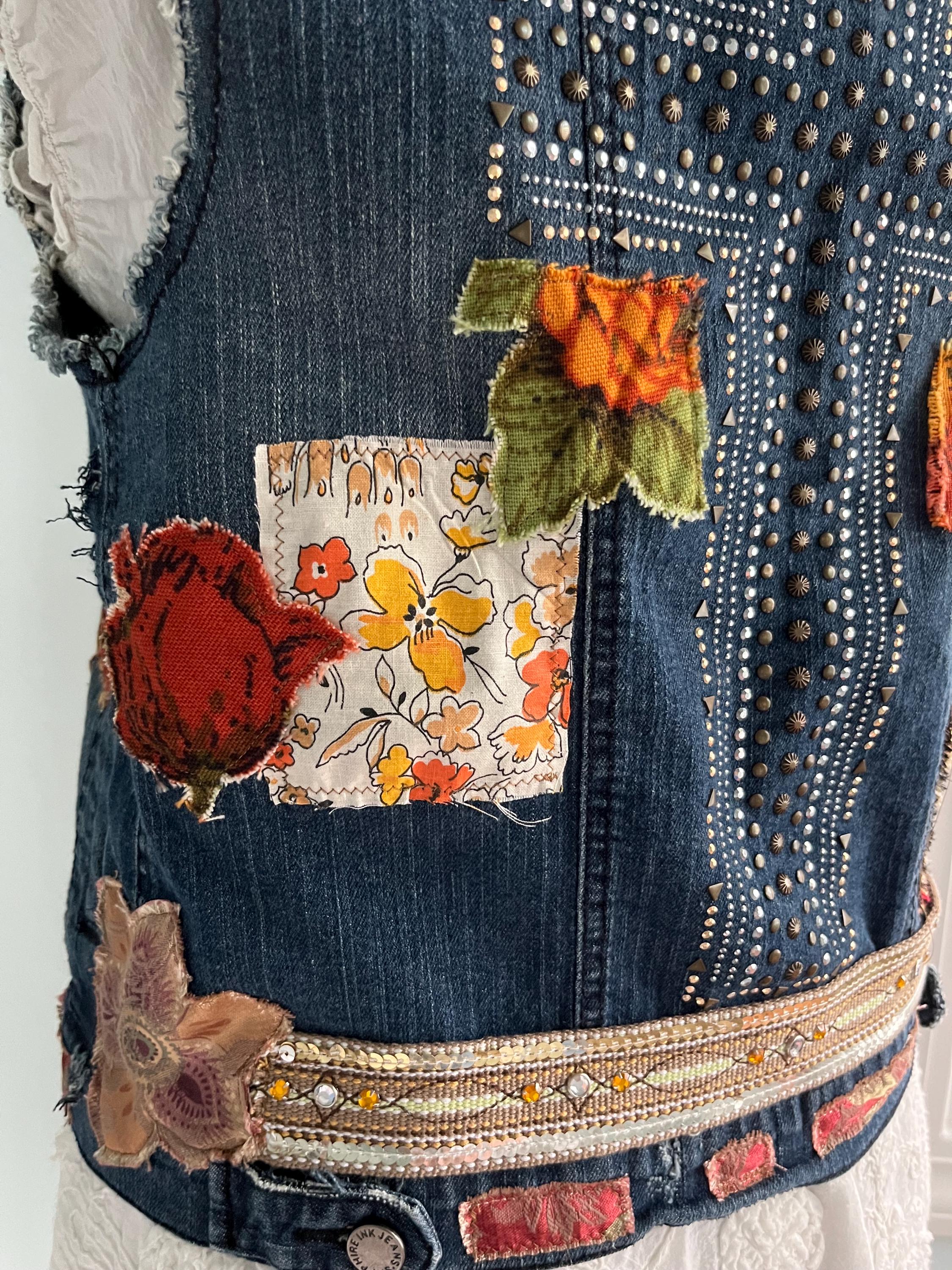 Denim Vest, Embellished Vest, Distressed, Applique, Upcycled Vest, Fall ...