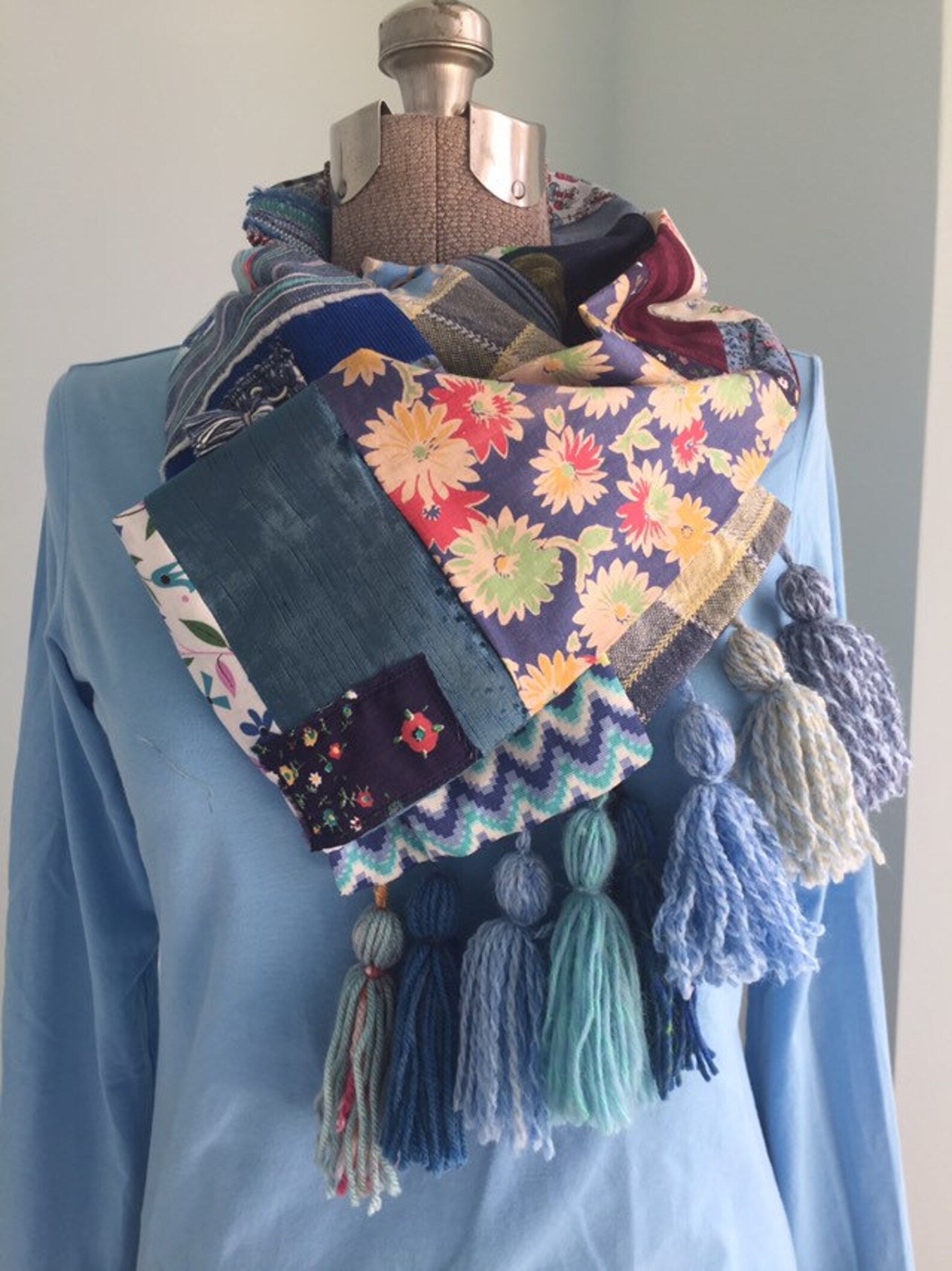 Patchwork Scarf, Upcycled Fabric Wrap, Handmade, Embellished Scarf ...